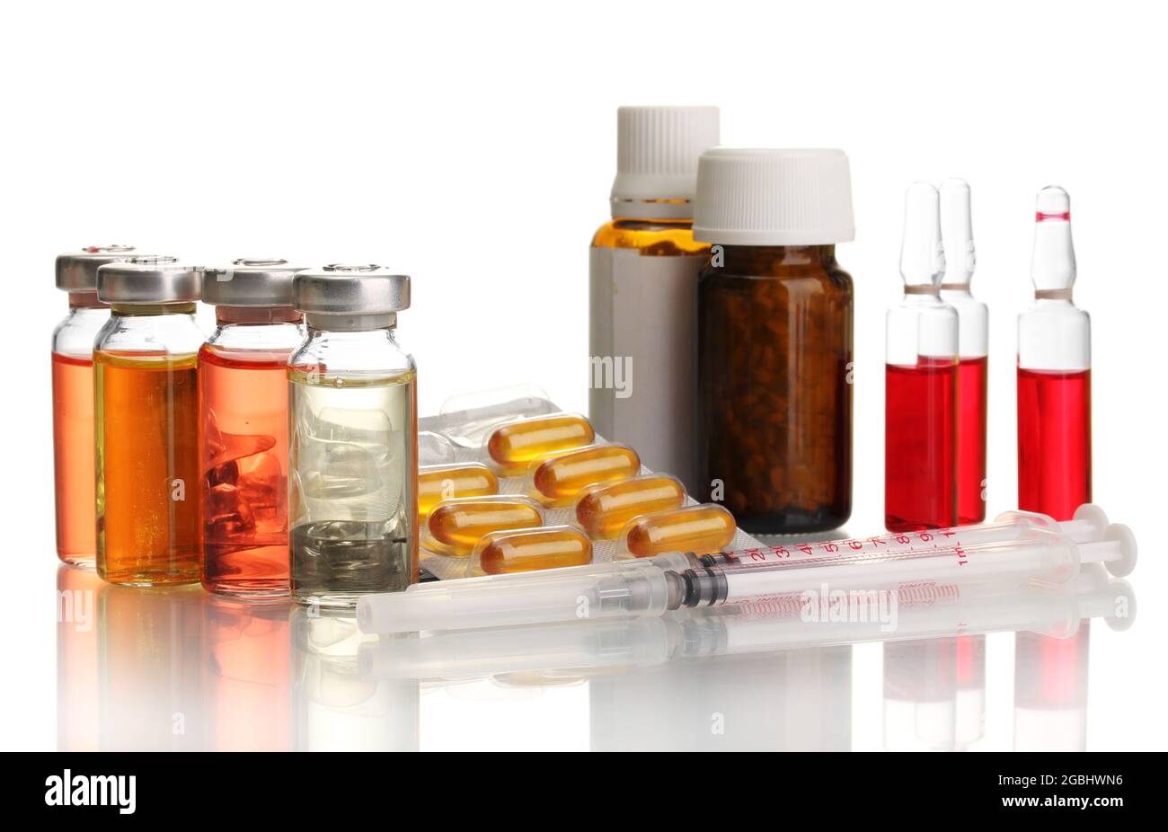 medical ampules, bottles, pills and syringes, isolated on white Stock ...