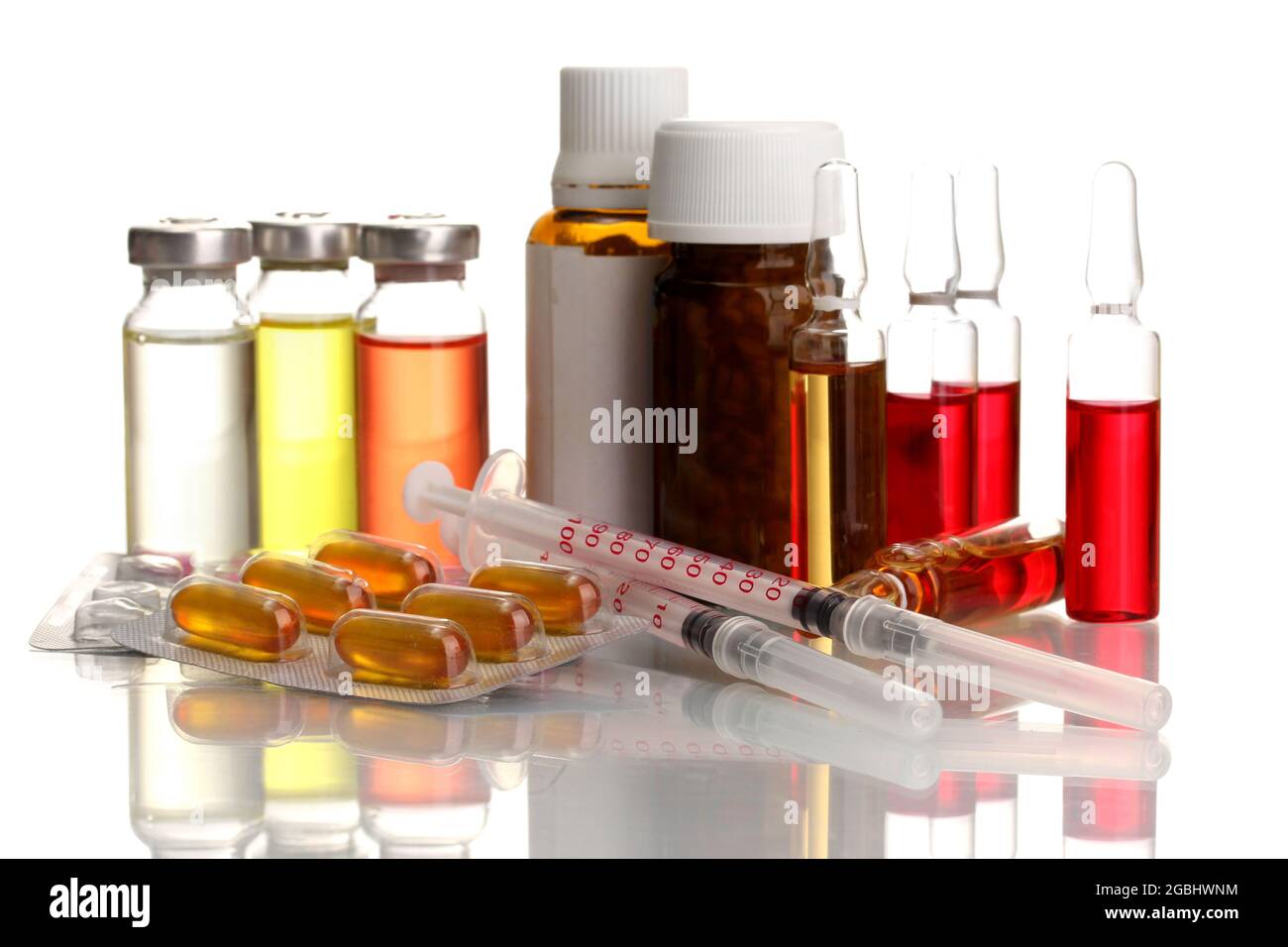 medical ampules, bottles, pills and syringes, isolated on white Stock ...