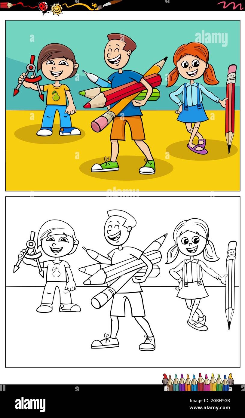 Cartoon illustration of elementary school children or pupils comic ...