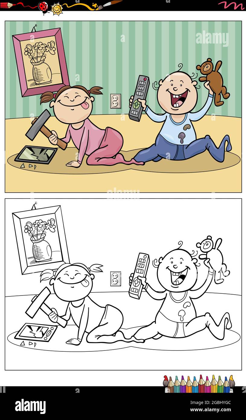 Cartoon illustration of babies or children comic characters coloring ...