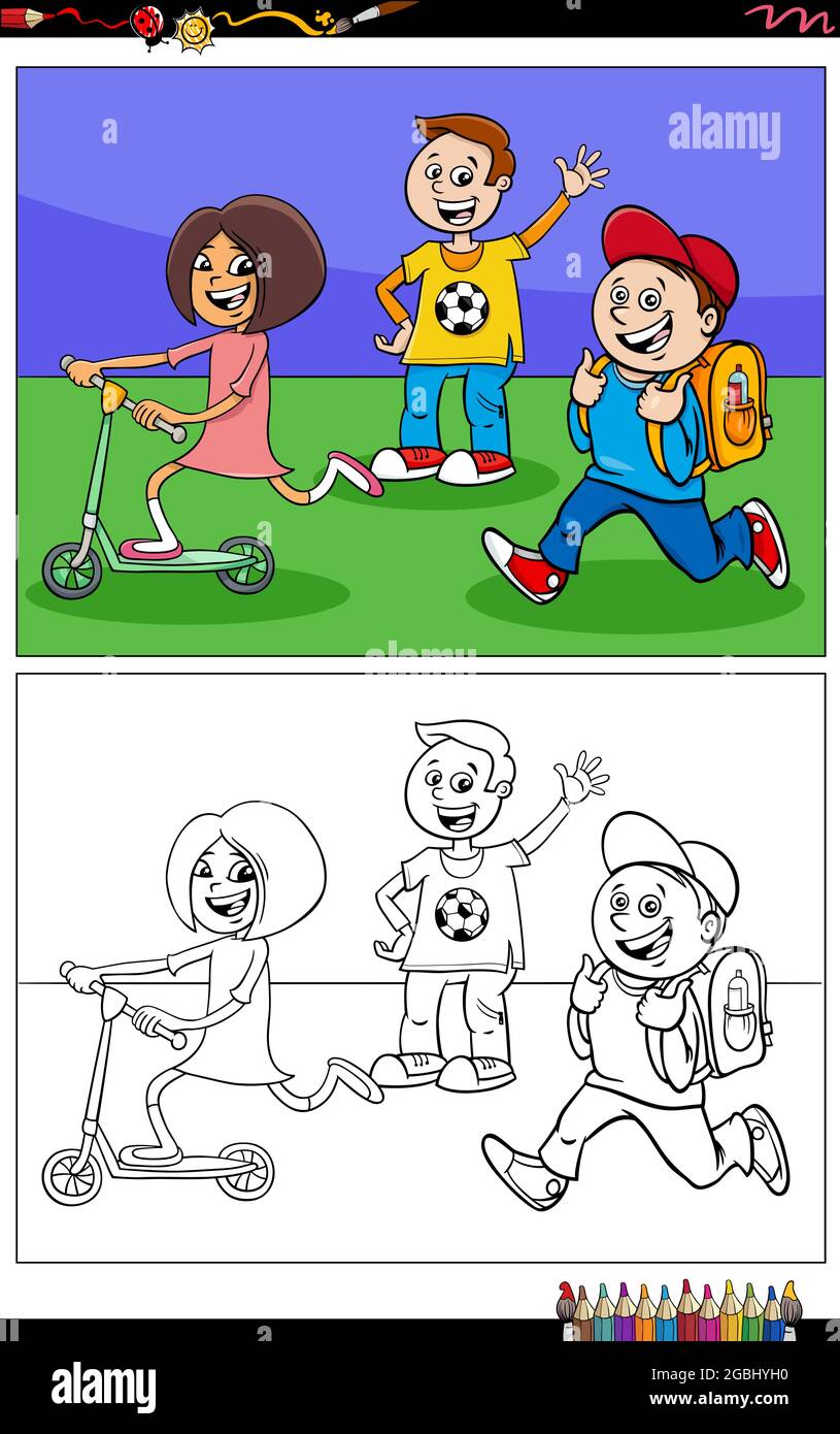 Cartoon illustration of school children comic characters coloring book ...