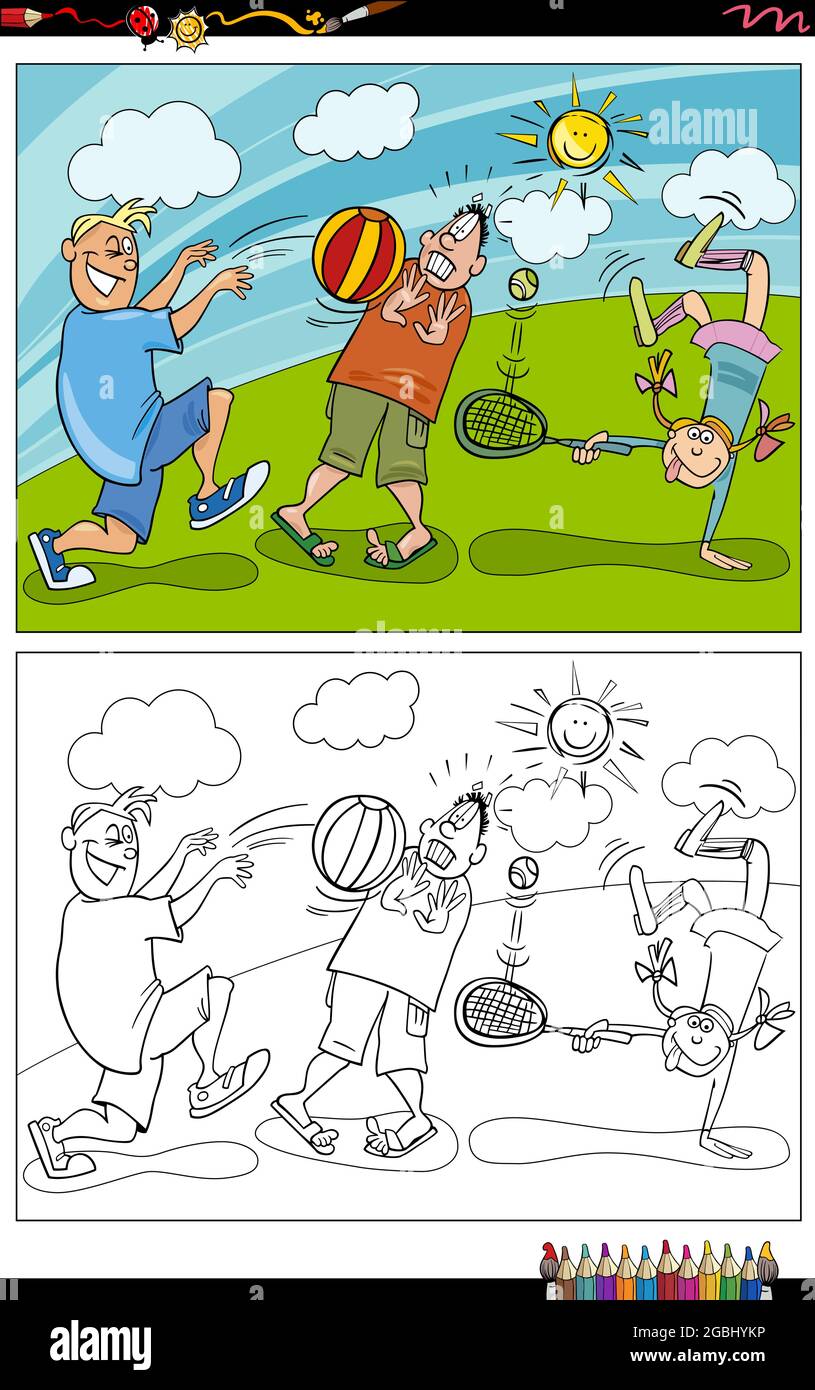 Cartoon illustration of children comic characters playing in the park ...