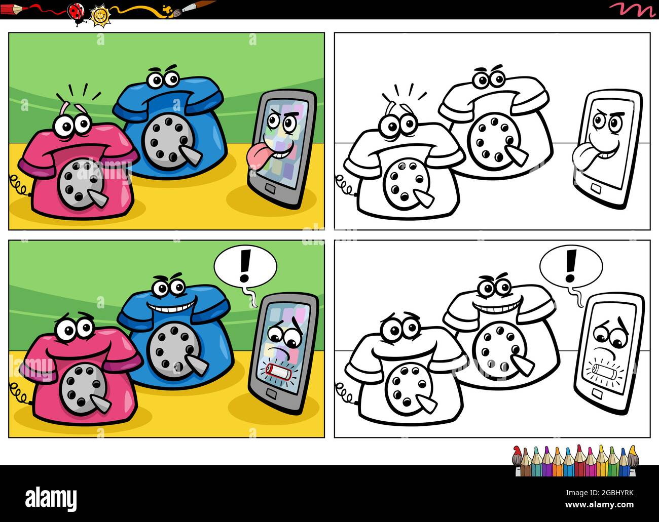 Cartoon illustration of comic story with obsolete classic phones and ...