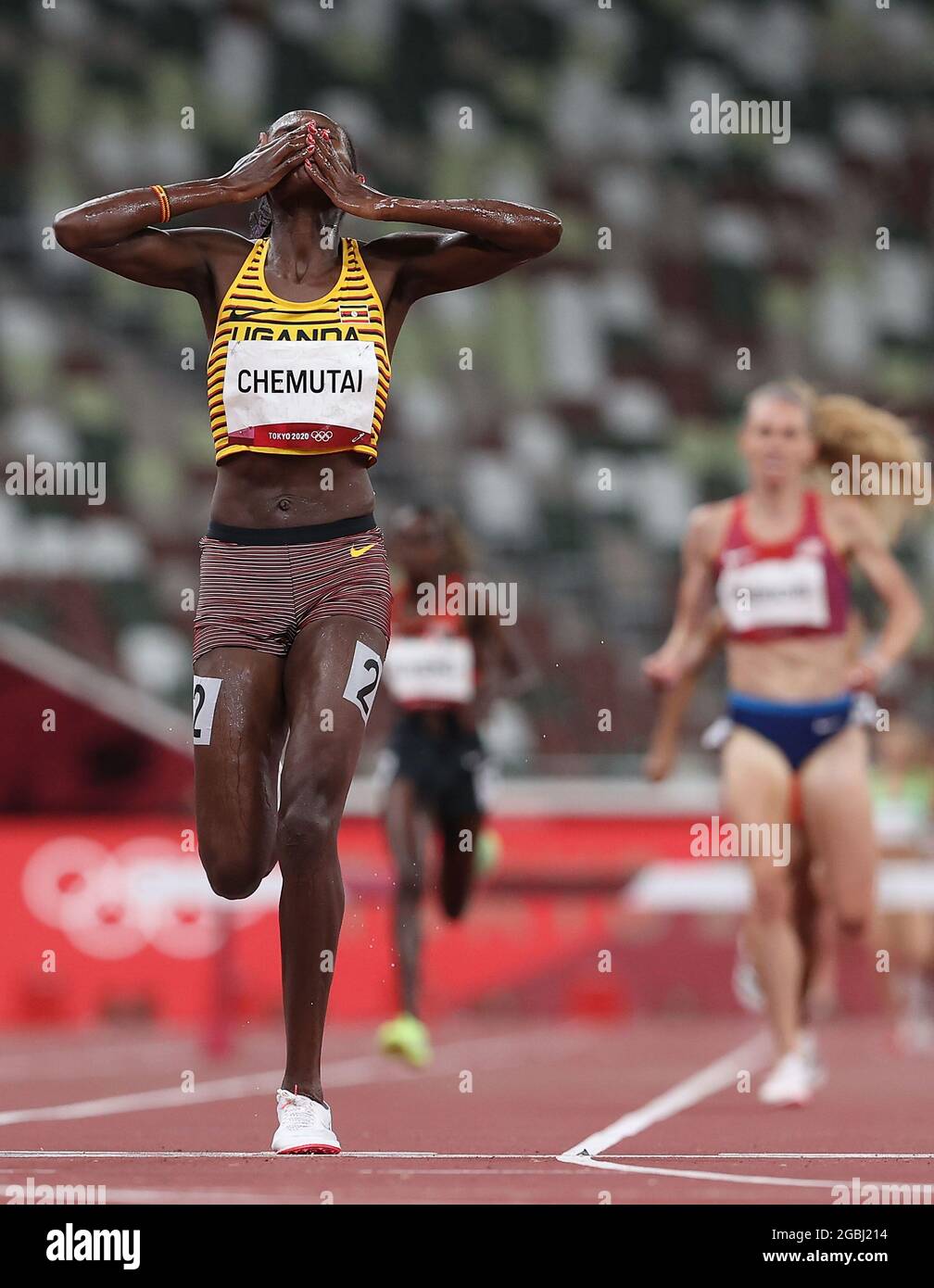 Tokyo, Japan. 4th Aug, 2021. Peruth Chemutai of Uganda celebrates after ...