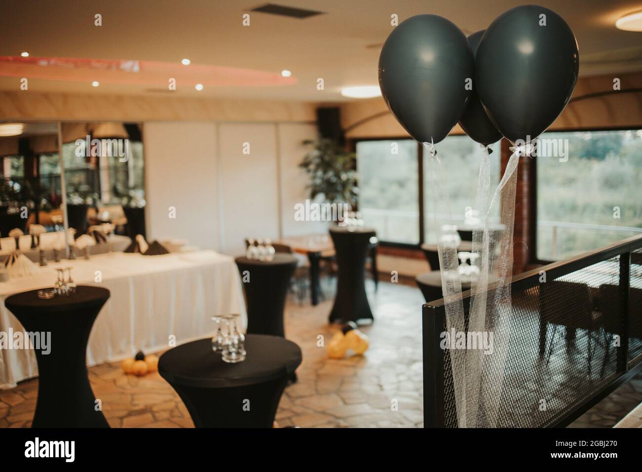 View of the restaurant decorated with balloons for a special event ...