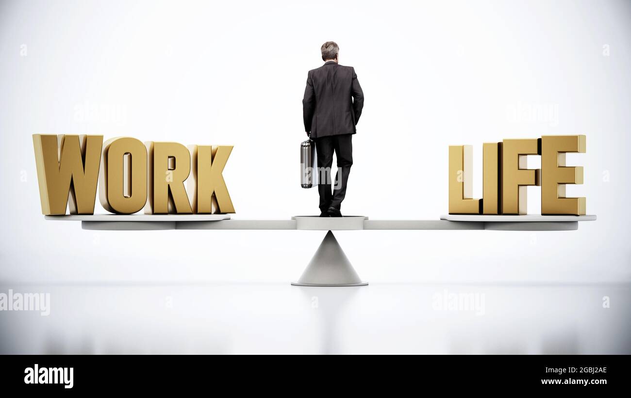 Work and life balance scale with businessman at the center. 3D ...