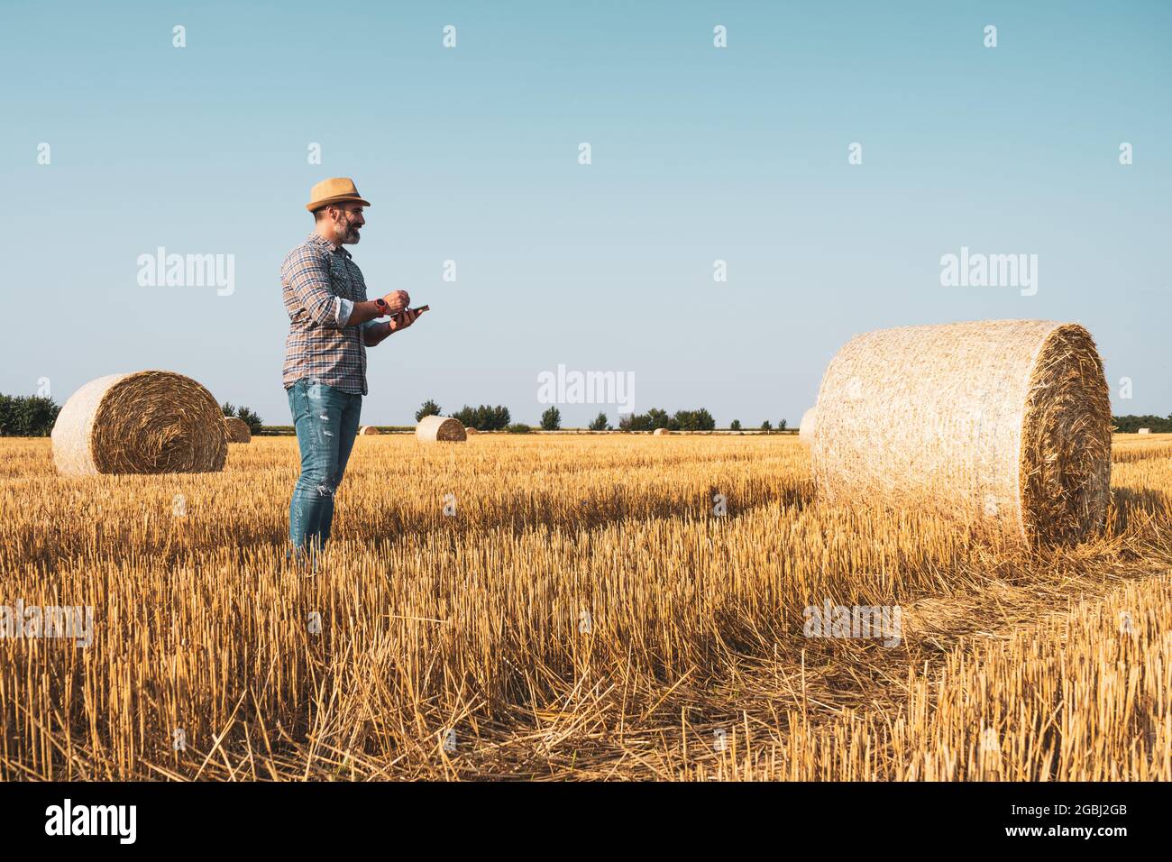 Happy farmer is standing beside bales of hay. He is examining straw ...