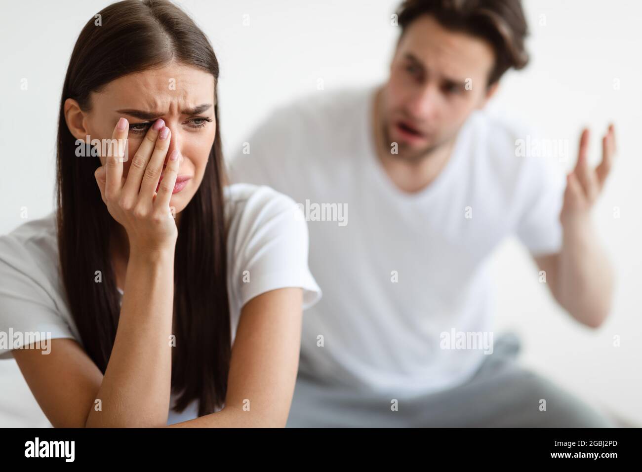 Aggressive Husband Shouting At Unhappy Crying Wife At Home Stock Photo ...