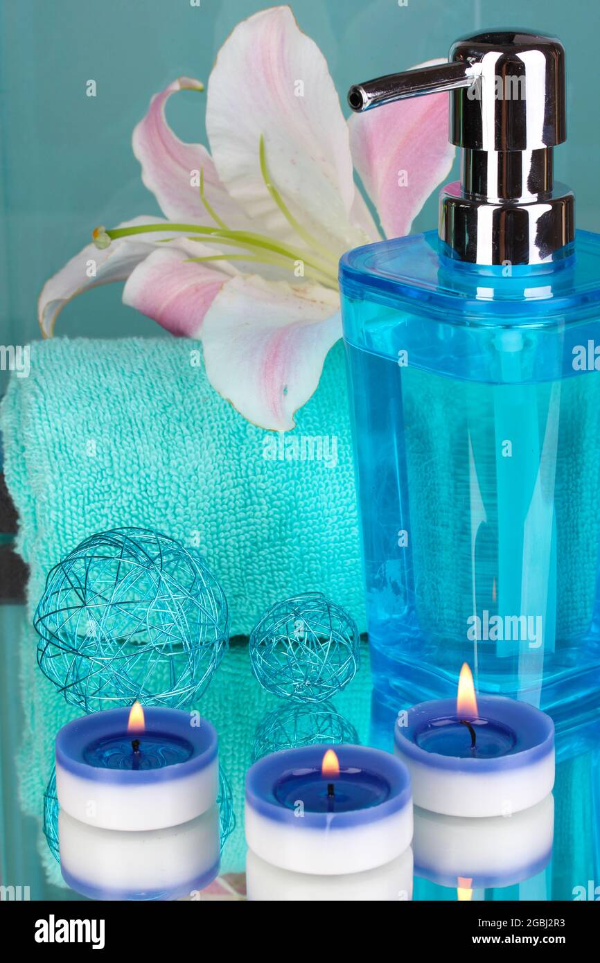 Beautiful spa setting on water background with reflection Stock Photo ...