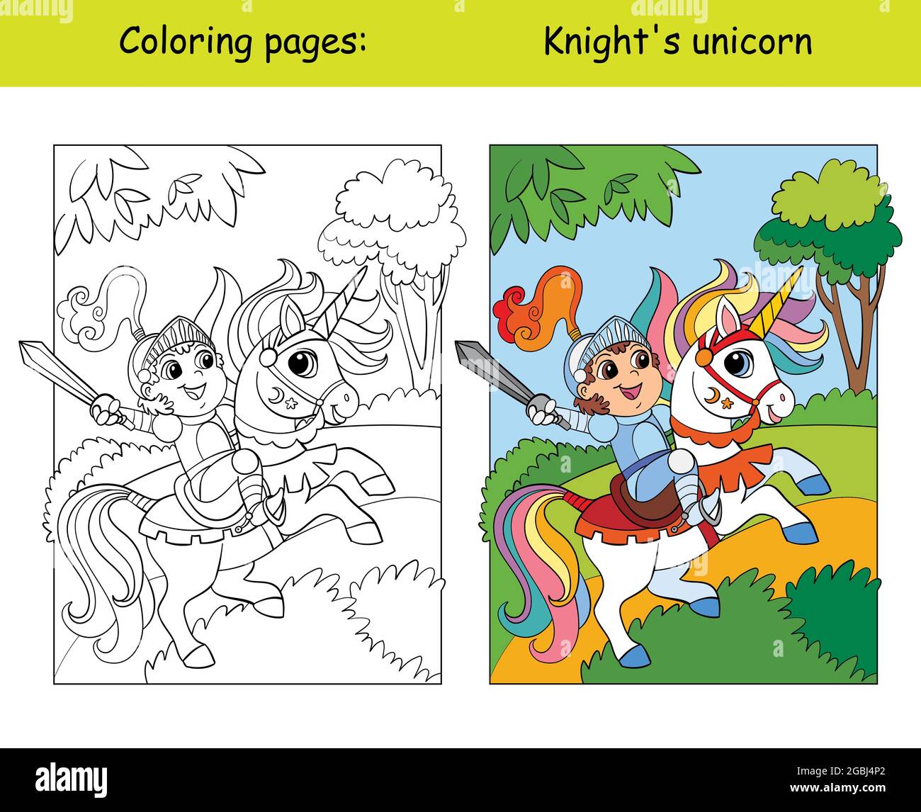 Cute little knight in armor riding a unicorn. Coloring book page for ...