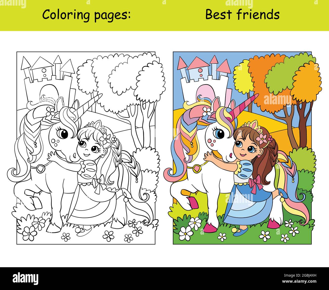Cute princess hugs with a unicorn. Coloring book page for children with ...