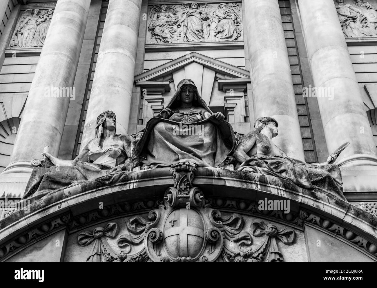 Grayscale low-angle view of the entrance to the original block of the ...