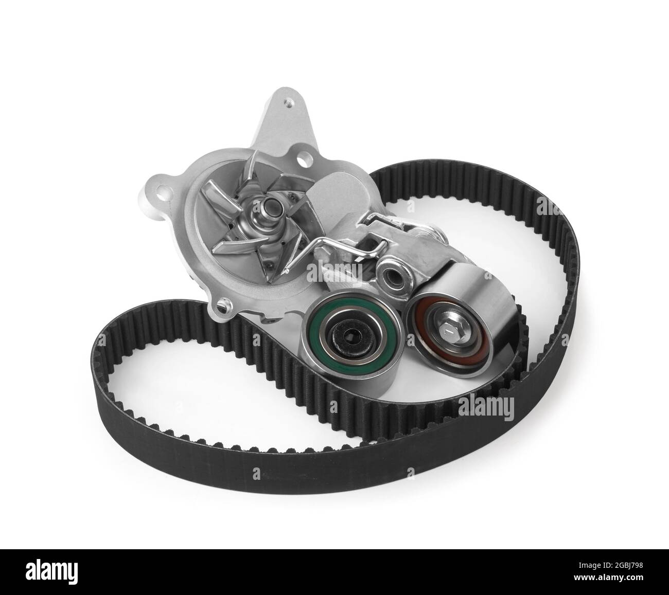 Timing belt with pump and half-bolts on a white background Stock Photo ...