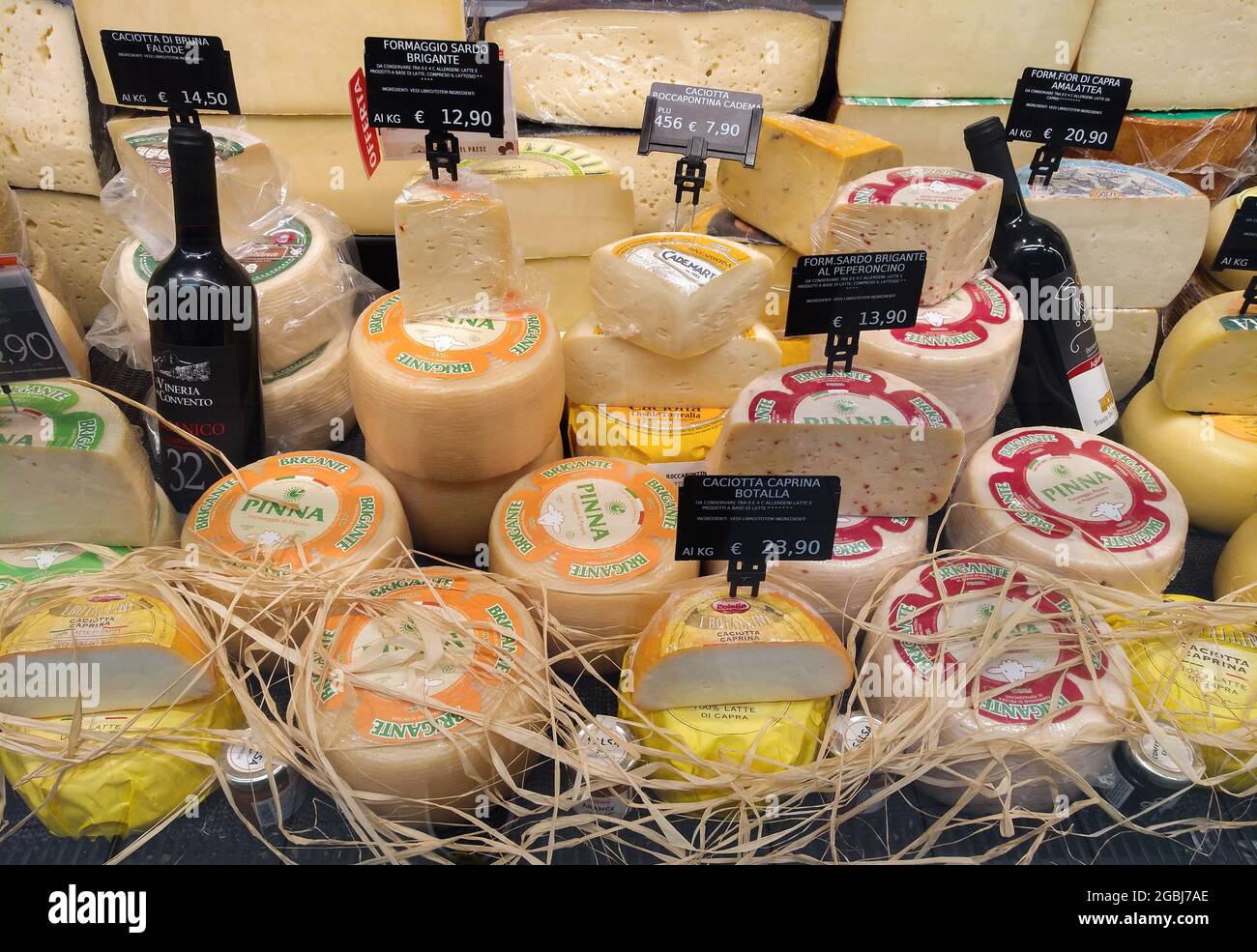 Italy - July 31, 2021:Various cheeses on display in a convenient ...