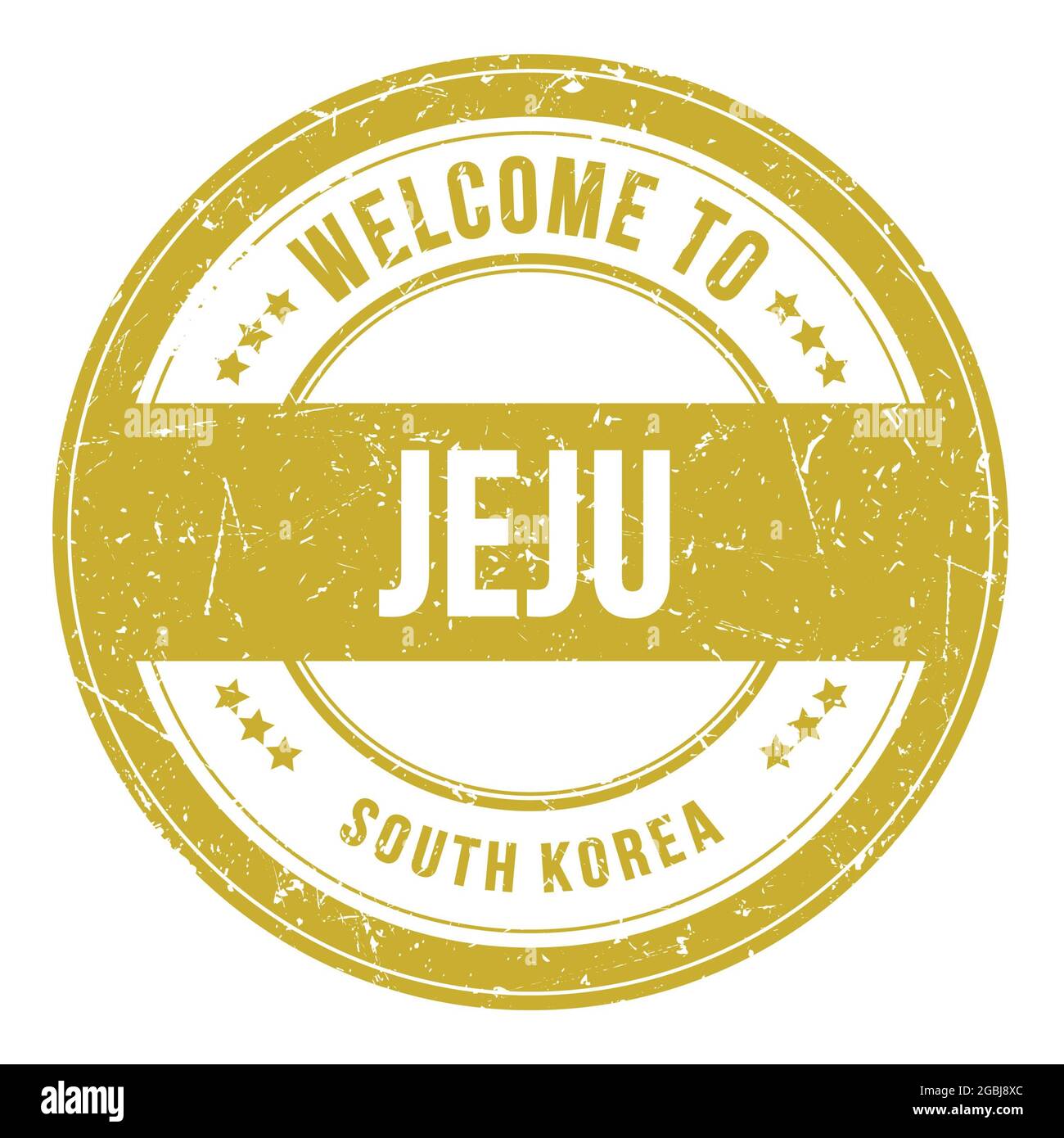 WELCOME TO JEJU - SOUTH KOREA, words written on yellow round coin stamp ...