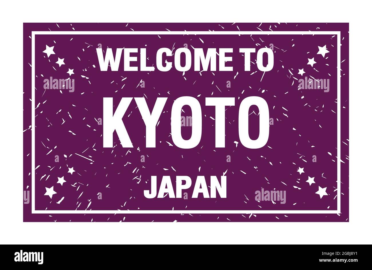 WELCOME TO KYOTO - JAPAN, words written on violet rectangle flag stamp ...