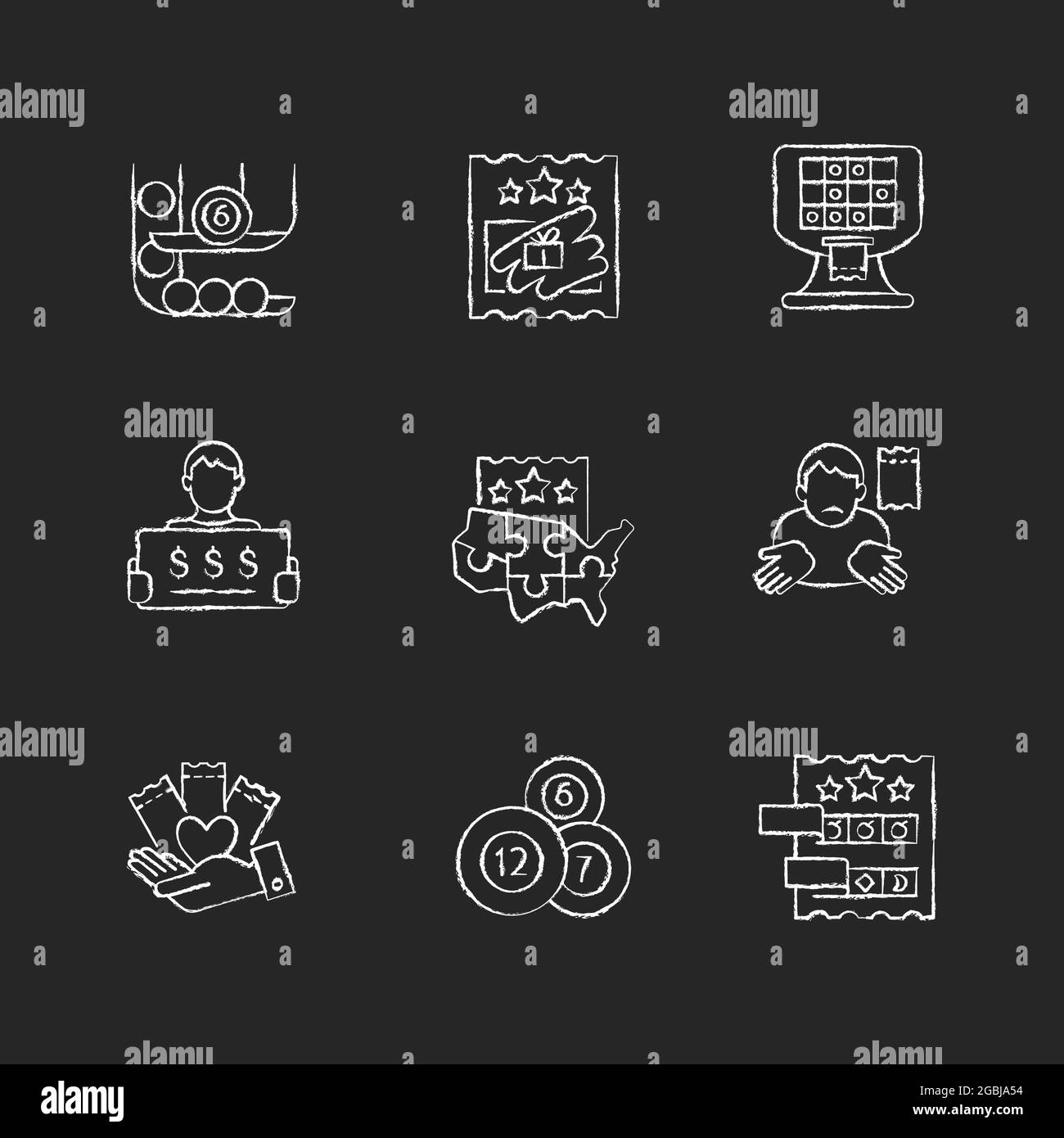 Lottery games types chalk white icons set on dark background Stock ...