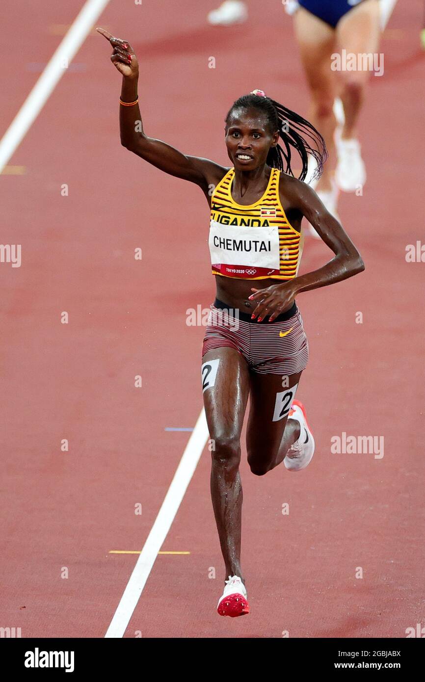 Tokyo, Japan, 4 August, 2021. Peruth Chemutai of Team Uganda celebrates ...