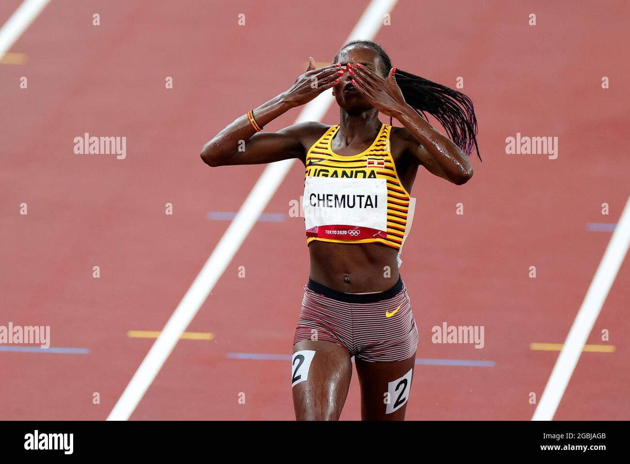 Tokyo, Japan, 4 August, 2021. Peruth Chemutai of Team Uganda celebrates ...