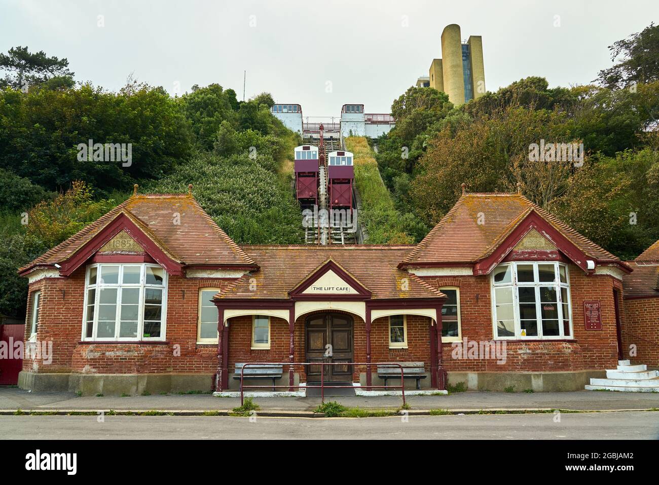 FOLKSTONE, UNITED KINGDOM - Jul 20, 2021: A lift cafe and old Funicular ...