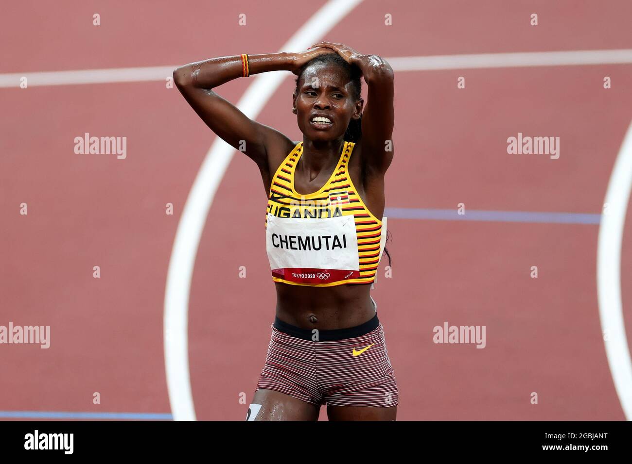 Tokyo, Japan, 4 August, 2021. Peruth Chemutai of Team Uganda celebrates ...