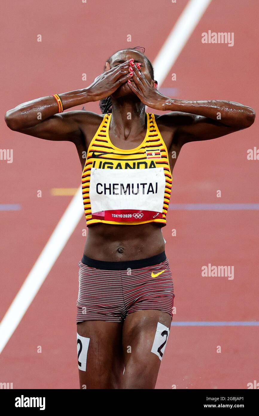 Tokyo, Japan, 4 August, 2021. Peruth Chemutai of Team Uganda celebrates ...