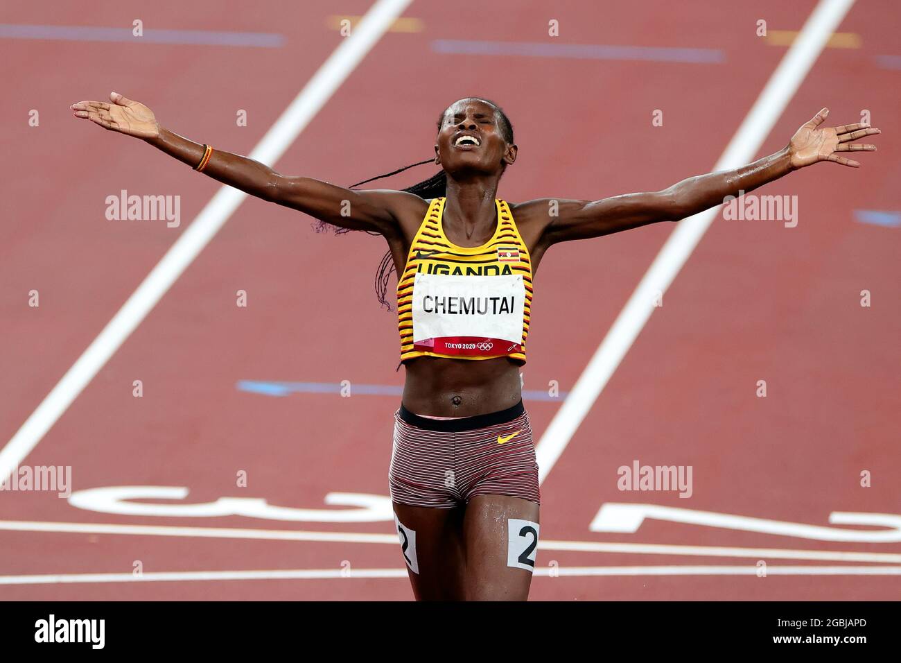 Tokyo, Japan, 4 August, 2021. Peruth Chemutai of Team Uganda celebrates ...