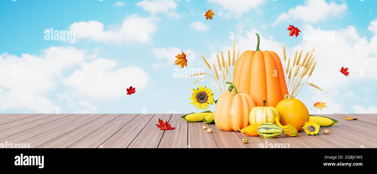 Autumn seasonal background with red falling leaves and fall decorations ...