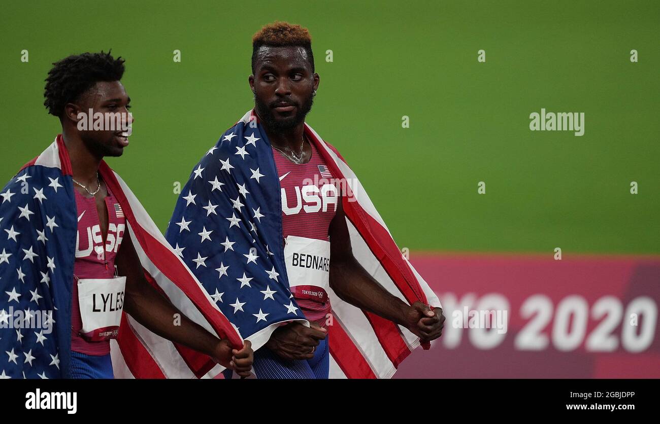 Tokyo, Japan. 4th Aug, 2021. Kenneth Bednarek (R) and Noah Lyles of the ...