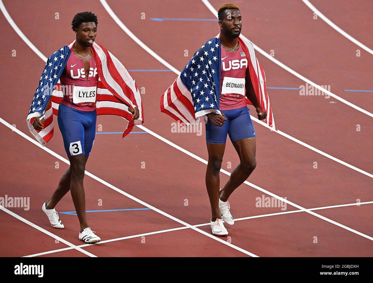 Tokyo, Japan. 4th Aug, 2021. Kenneth Bednarek (R) and Noah Lyles of the ...