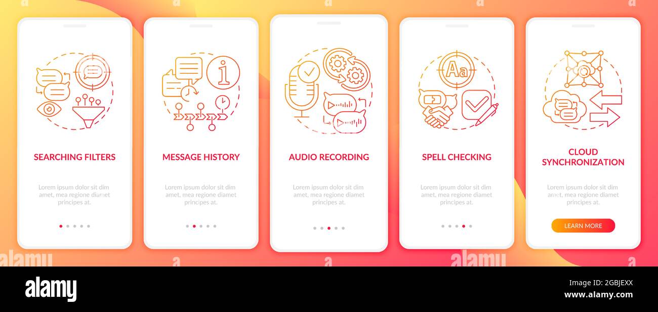 Best messaging feature red onboarding mobile app page screen. Chat history walkthrough 5 steps ...