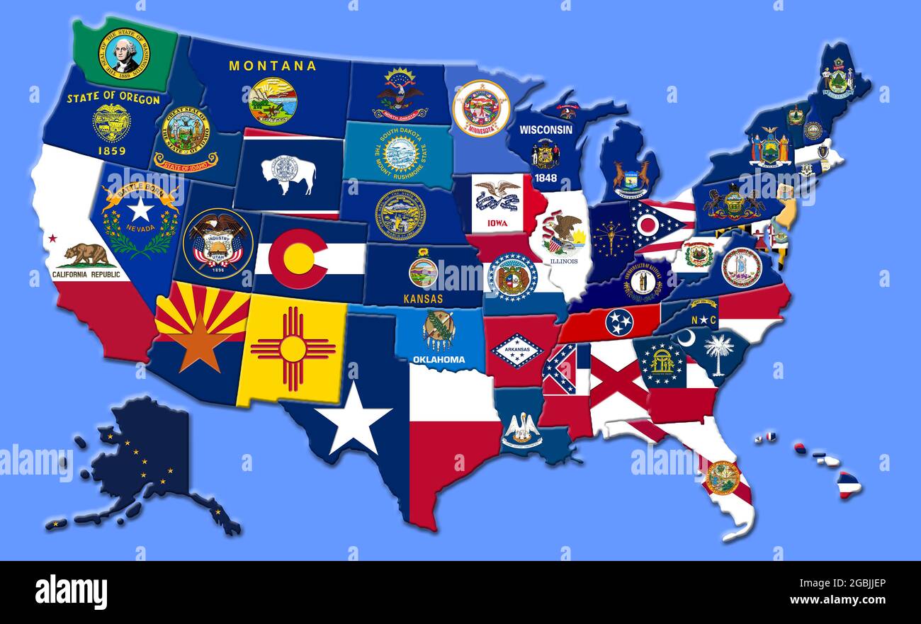 3D map of the United States showing the stae flags Stock Photo - Alamy