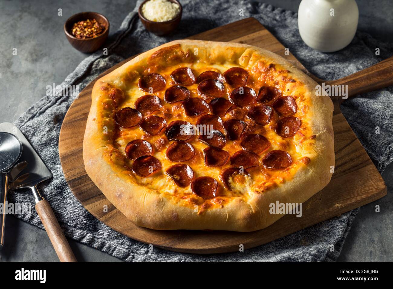 Homemade Pepperoni Stuffed Crust Pizza with Cheese Stock Photo - Alamy