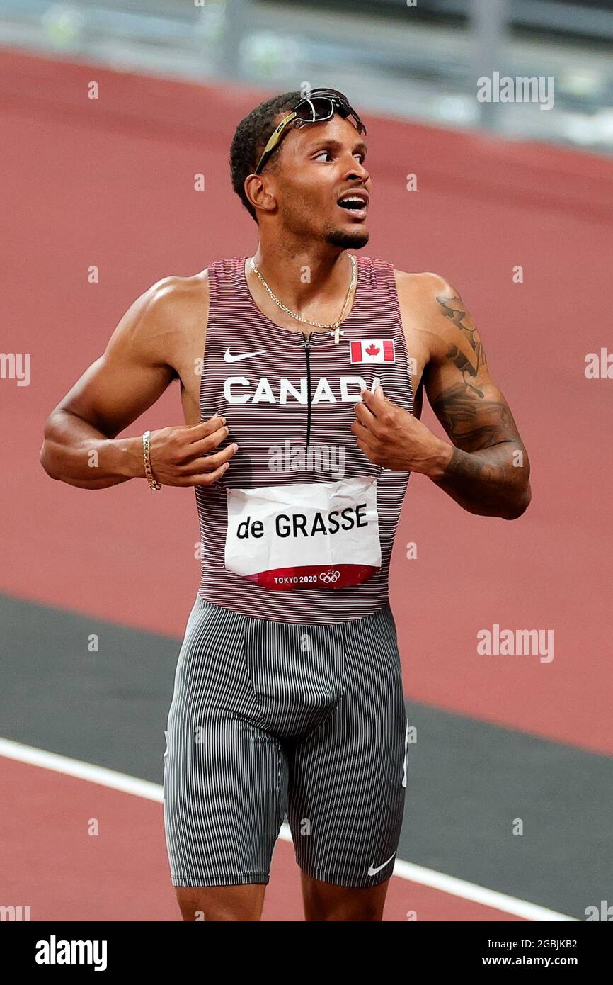 Tokyo, Japan, 4 August, 2021. Andre De Grasse of Team Canada celebrates ...