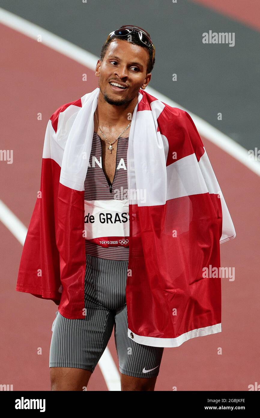 Tokyo, Japan, 4 August, 2021. Andre De Grasse of Team Canada celebrates ...