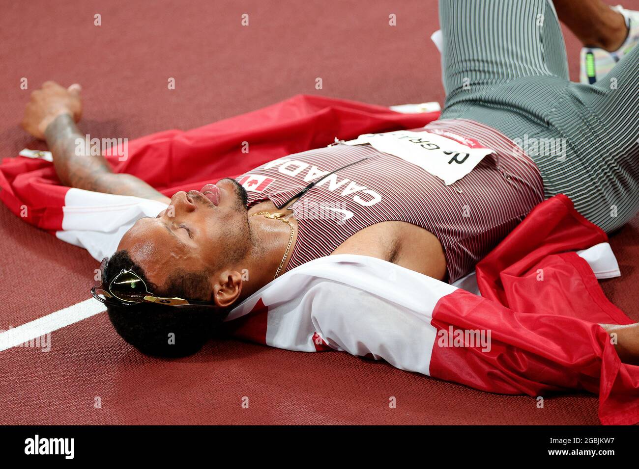 Tokyo, Japan, 4 August, 2021. Andre De Grasse of Team Canada celebrates ...