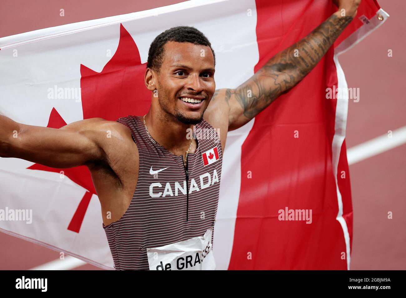 Tokyo, Japan, 4 August, 2021. Andre De Grasse of Team Canada celebrates ...