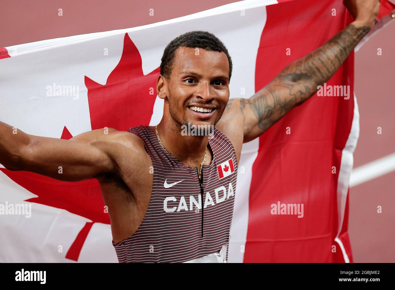 Tokyo, Japan, 4 August, 2021. Andre De Grasse of Team Canada celebrates ...