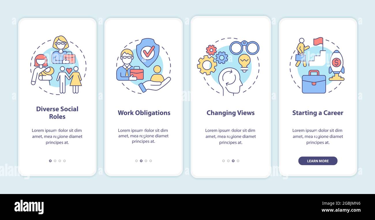 Social roles onboarding mobile app page screen. Work obligations ...