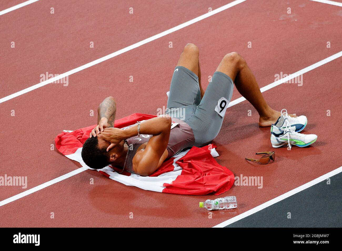 Tokyo, Japan, 4 August, 2021. Andre De Grasse of Team Canada celebrates ...