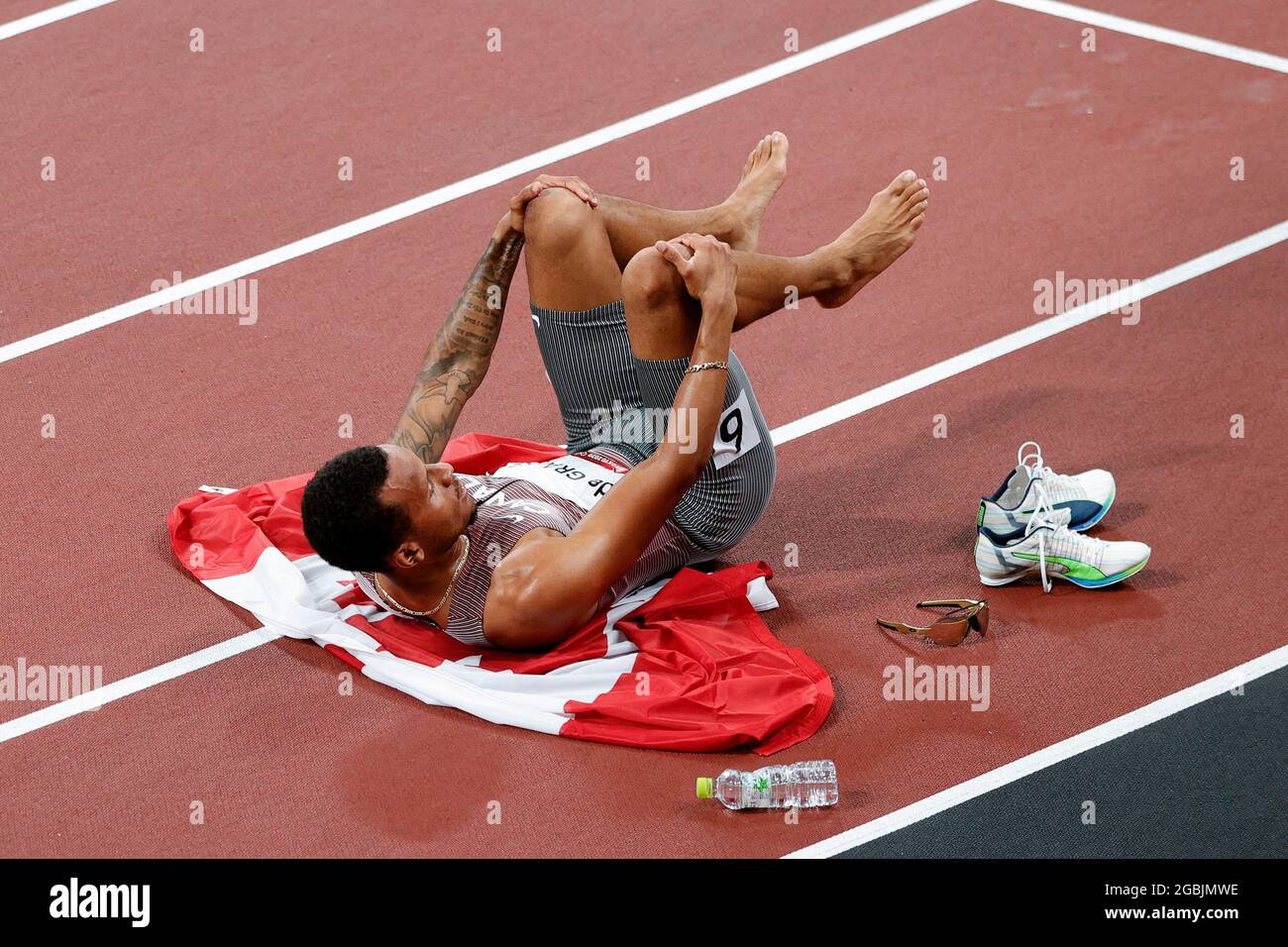 Tokyo, Japan, 4 August, 2021. Andre De Grasse of Team Canada celebrates ...
