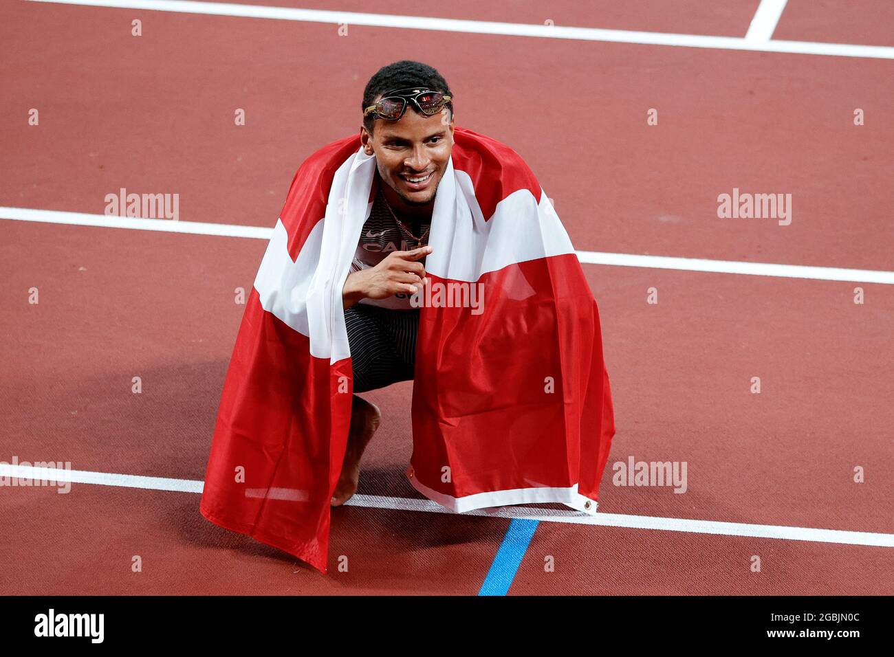 Tokyo, Japan, 4 August, 2021. Andre De Grasse of Team Canada celebrates ...