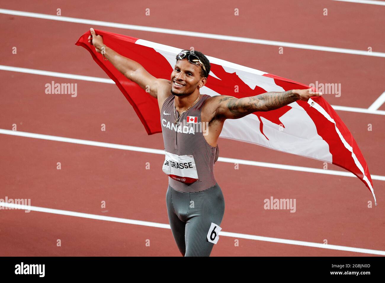 Tokyo, Japan, 4 August, 2021. Andre De Grasse of Team Canada celebrates ...