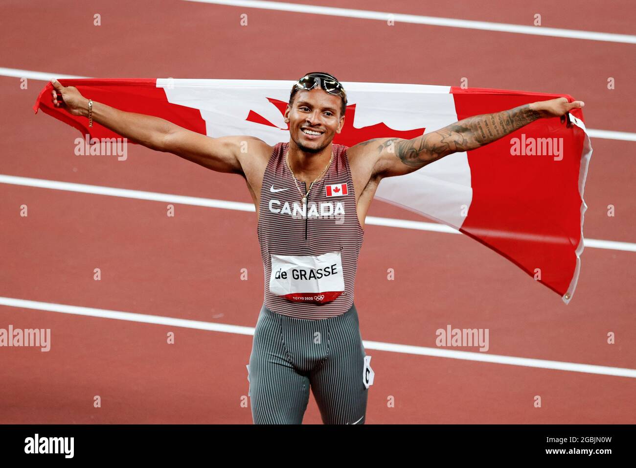 Tokyo, Japan, 4 August, 2021. Andre De Grasse of Team Canada celebrates ...
