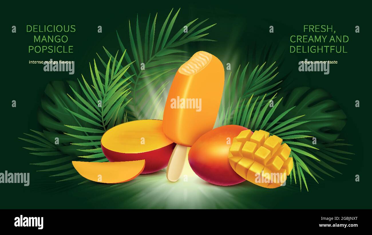Mango popsicle, bitten yellow ice cream and slices of tropical fruit ...