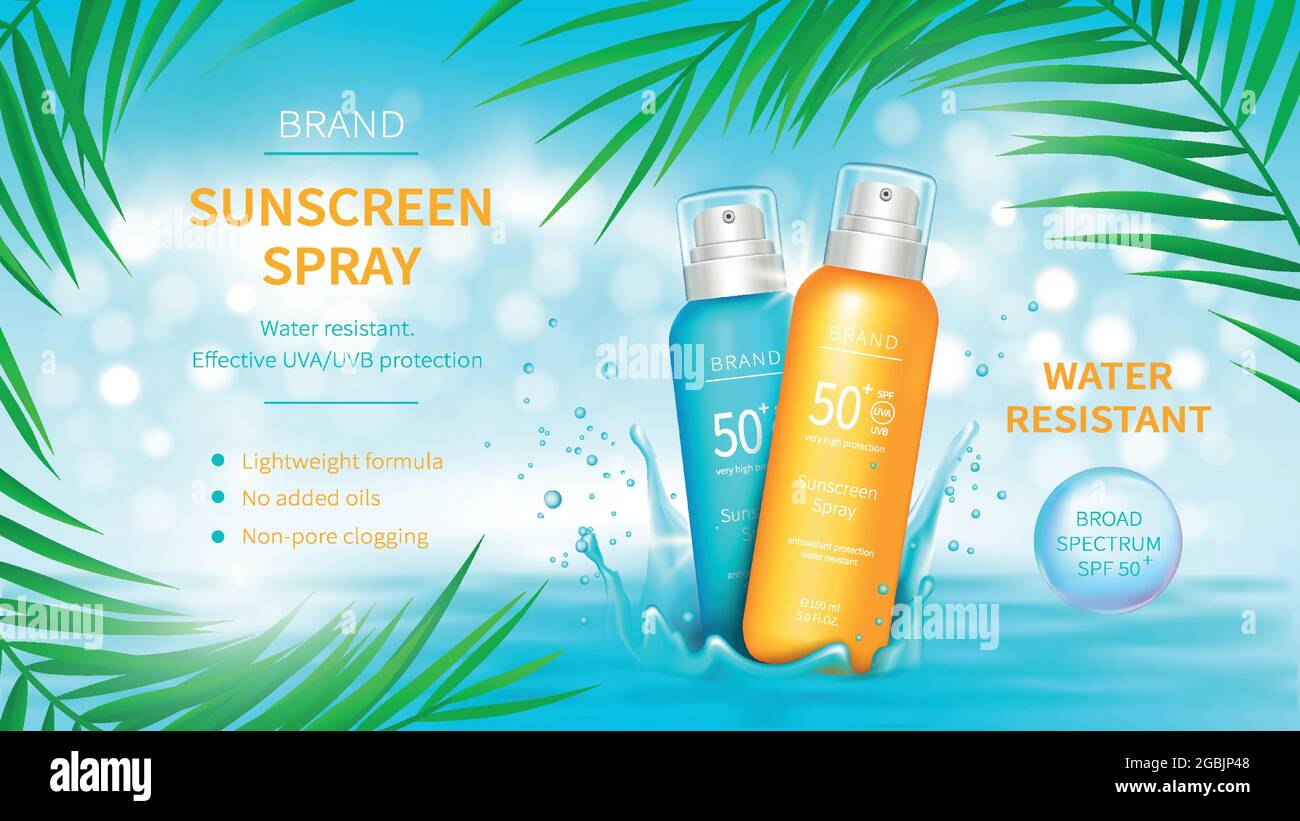 Sunscreen cosmetics vector realistic poster. Spray bottles with sun ...