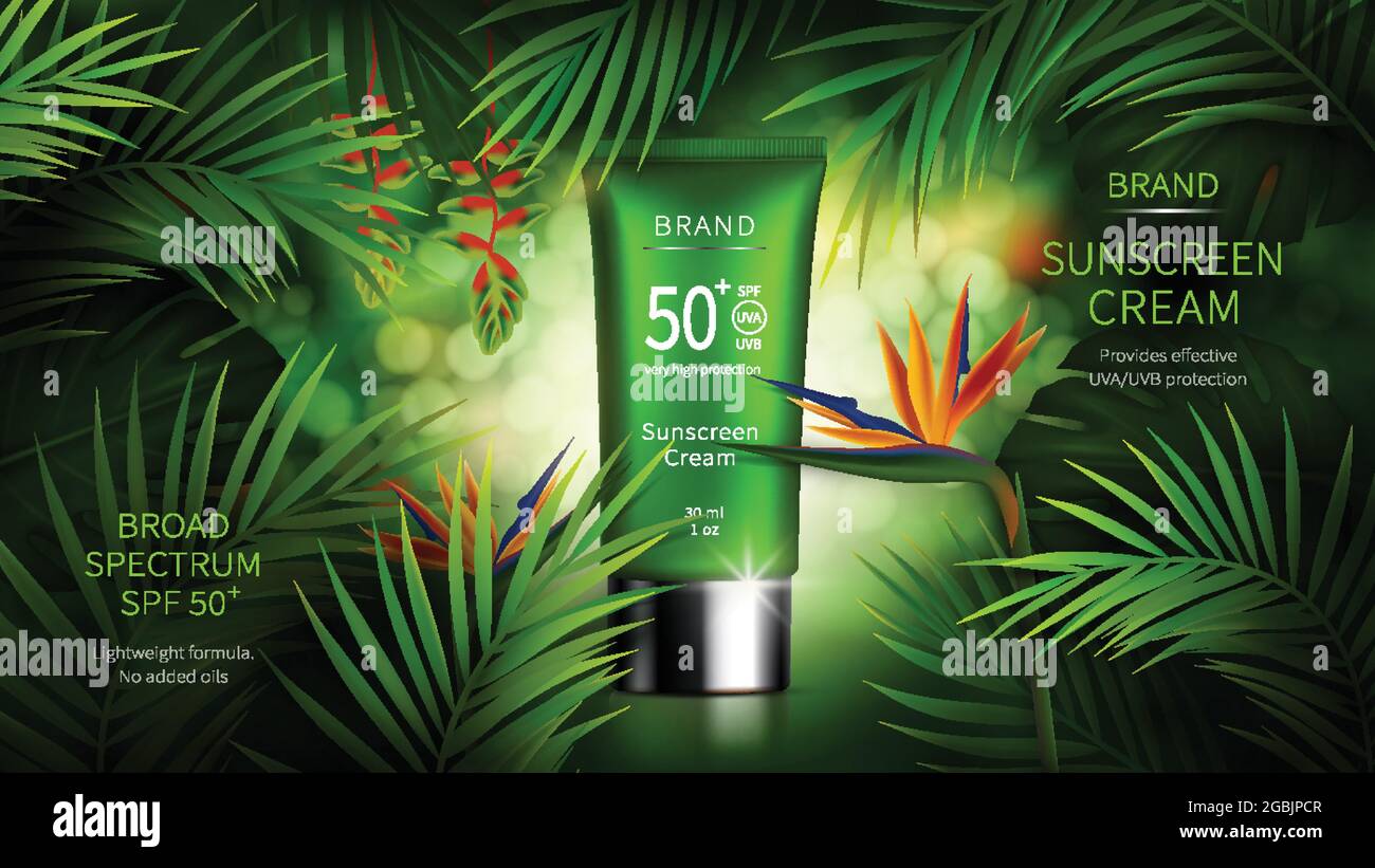 Sun protection cosmetic vector realistic ads poster. Green plastic tube ...