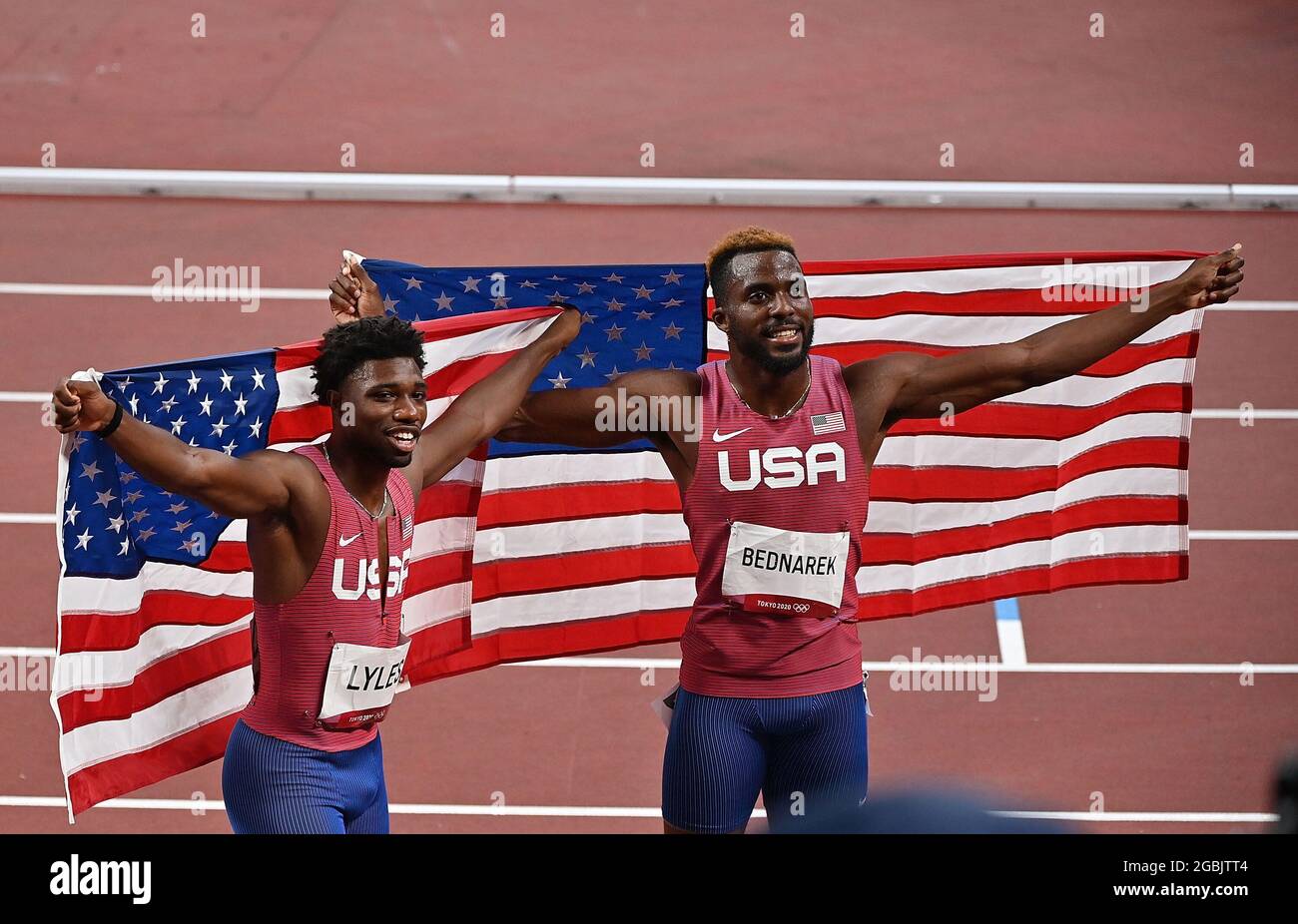 Tokyo, Japan. 4th Aug, 2021. Kenneth Bednarek (R) and Noah Lyles of the ...