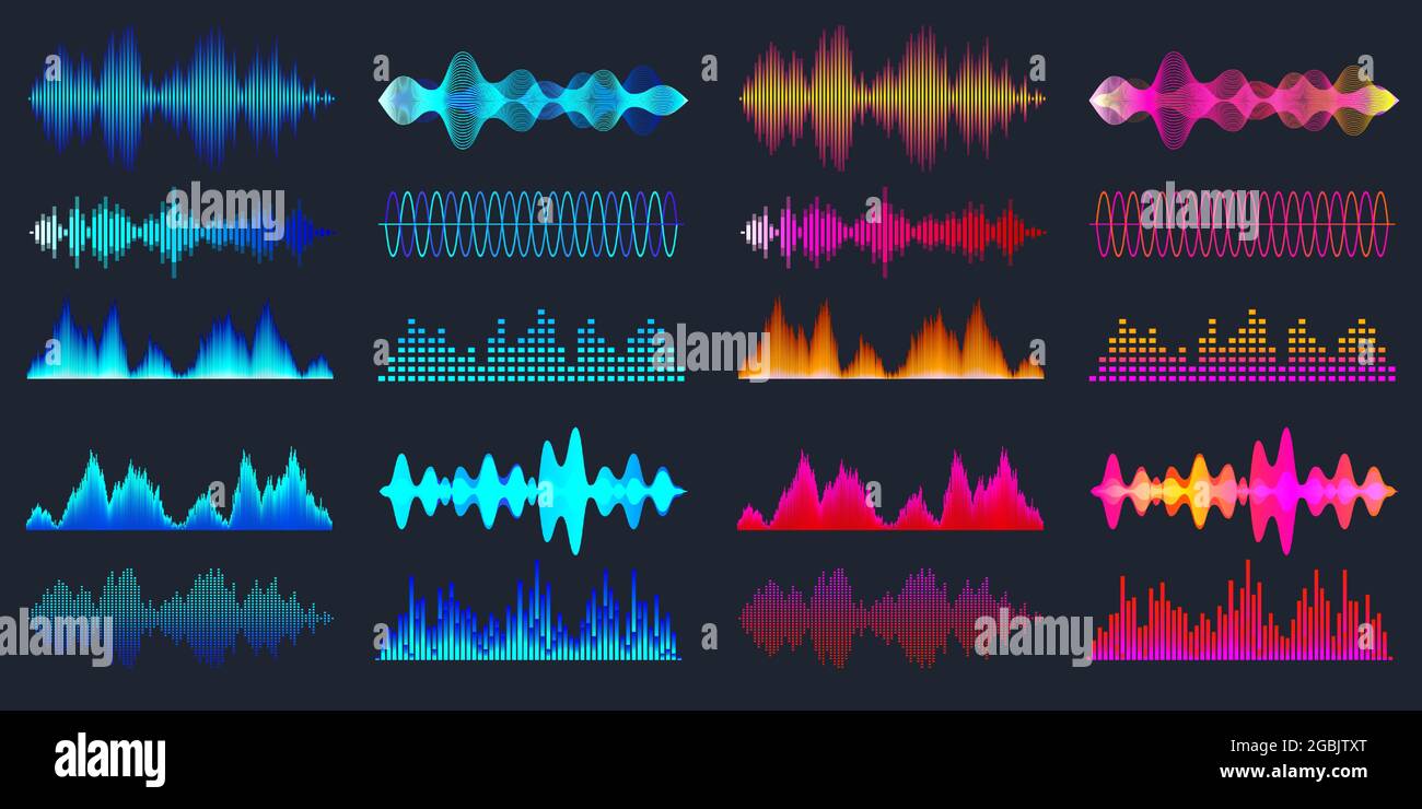 Blue and red colorful sound waves collection. Analog and digital audio ...