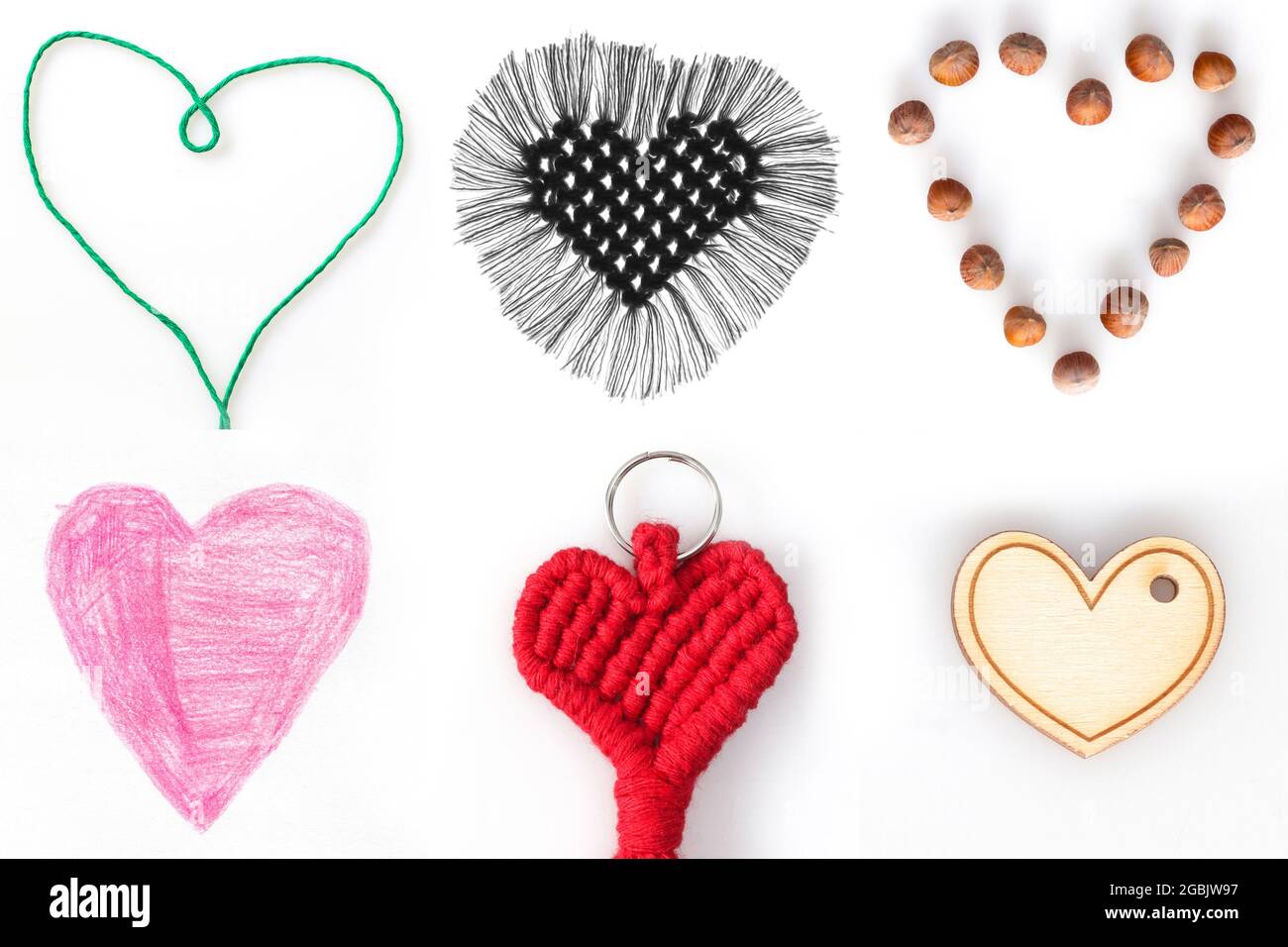 Six heart shapes made of different materials on white background Stock ...